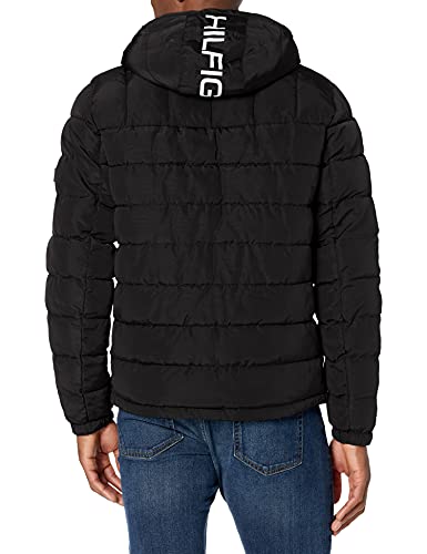 Tommy Hilfiger Men's Midweight Sherpa Lined Hooded Water Resistant Puffer Jacket, Black Tech, Small