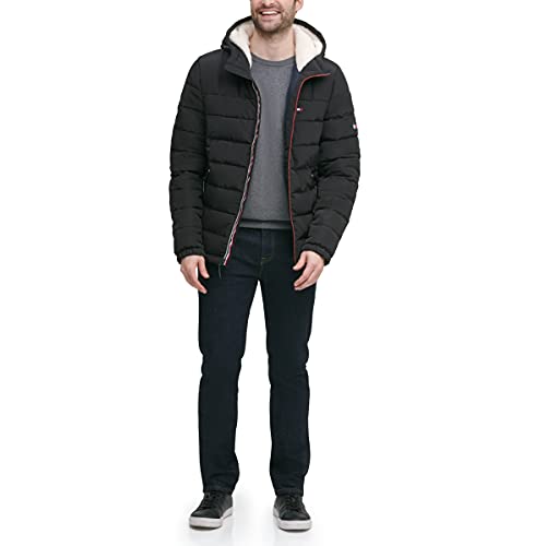 Tommy Hilfiger Men's Midweight Sherpa Lined Hooded Water Resistant Puffer Jacket, Black Tech, Small
