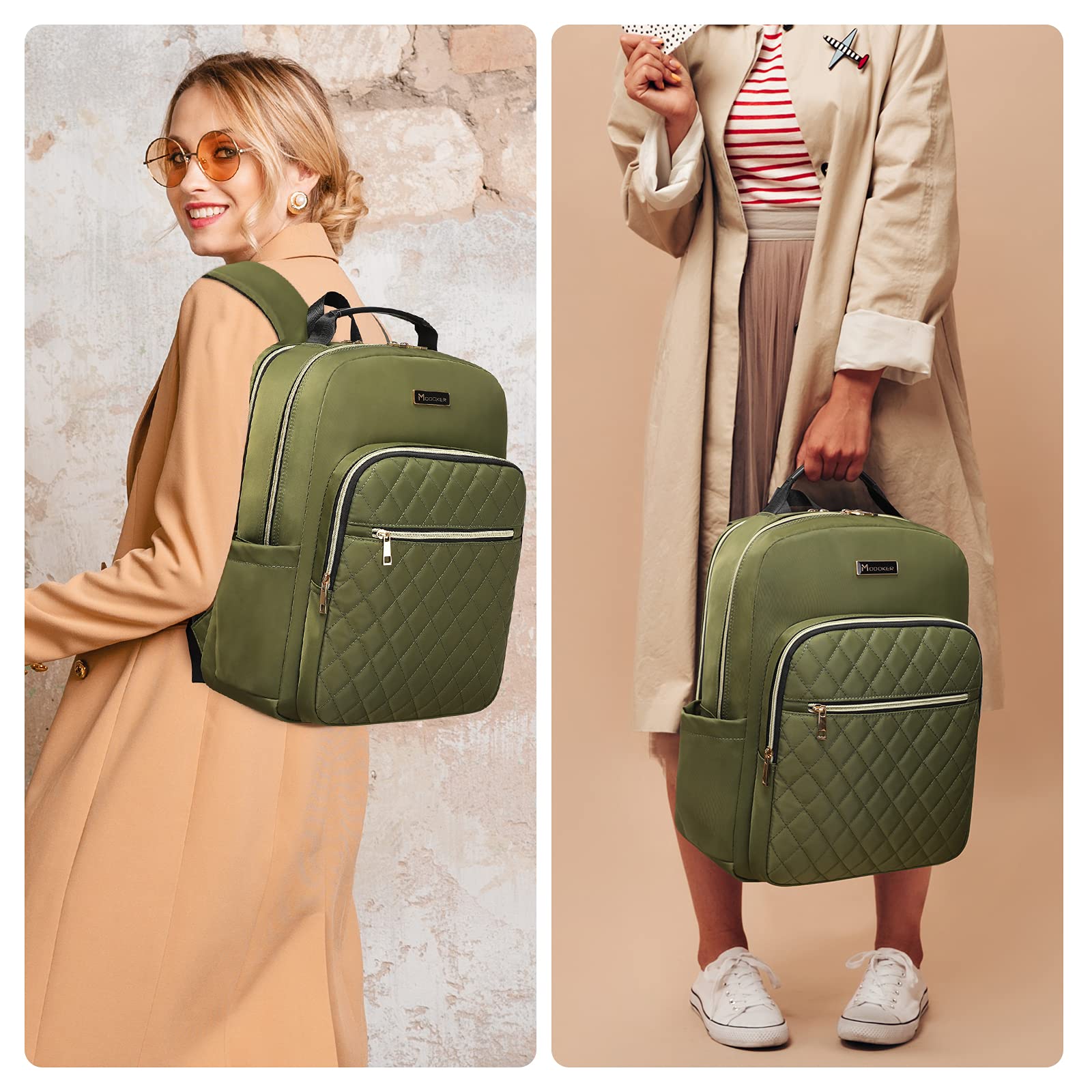 Modoker 15.6 Inch Laptop Backpack for Women, Quilted Work Backpack for Women Bookbag Teacher Backpack, Travel Backpack with USB Charging Port, Backpack Purse for Women Nurse, Green