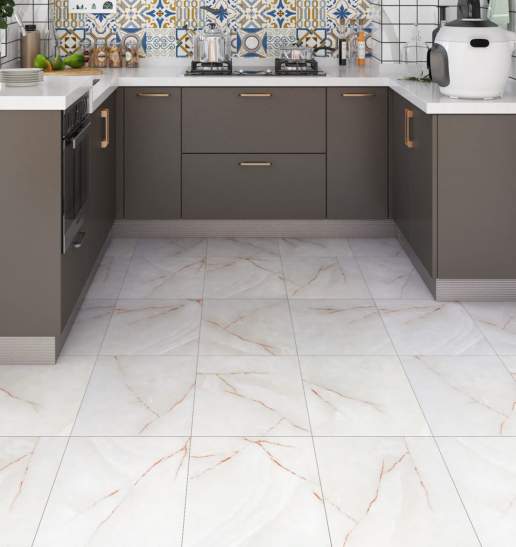 FunStick 30 Pack Grey Vinyl Flooring Peel and Stick Floor Tiles 12x12 Inch Pink Marble Waterproof for Bathroom and Kitchen
