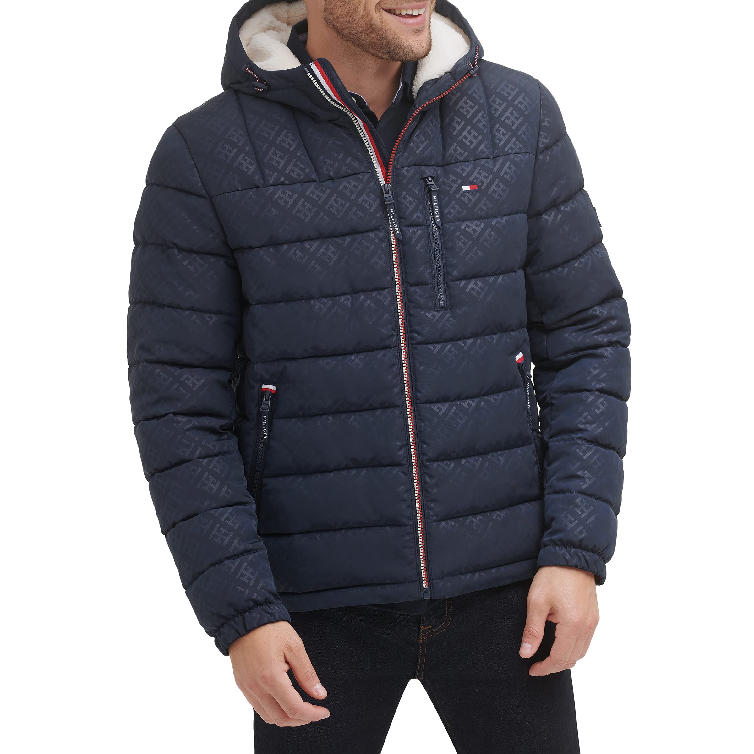 Tommy Hilfiger Men's Midweight Sherpa Lined Hooded Water Resistant Puffer Jacket, Tommy Logo Tech, Small