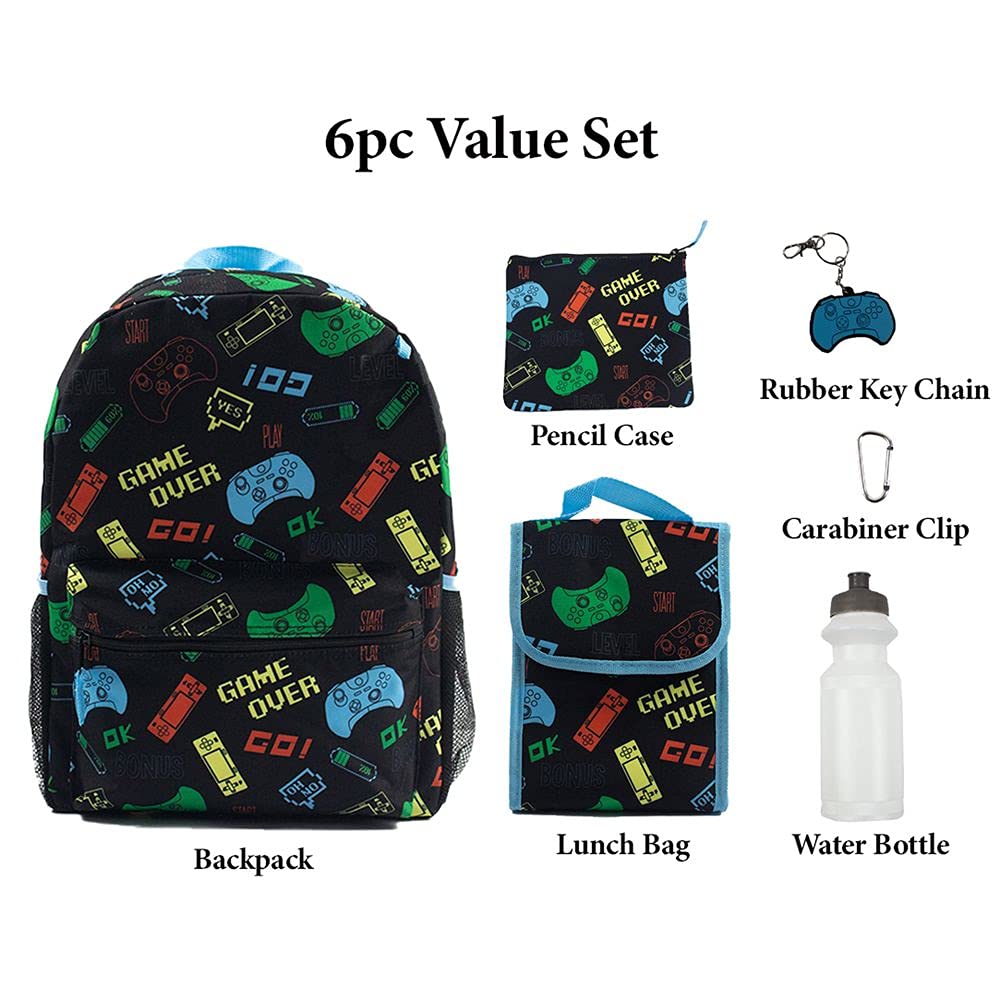 RALME Gaming Backpack Set for Kids, 16 inch, 6 Pieces - Includes Foldable Lunch Bag, Water Bottle, Key Chain, & Pencil Case