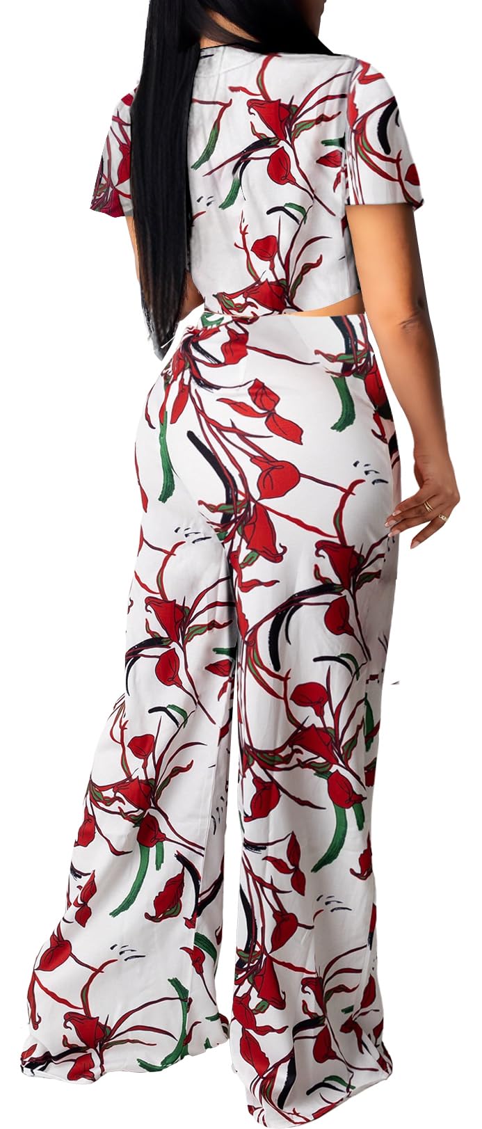 Casual Two Piece Beach Sets for Women Sexy Short Sleeve Off Shoulder Top Straight Long Pants White Floral Vacation Outfits(2X-Large)