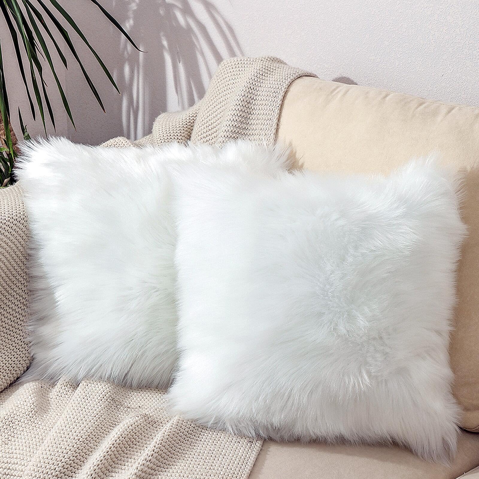 linmopm Excluding Insert Faux Fur Sheepskin Pillow Cover White Shag Fuzzy 18x18 Inch White 2 Pcs Super Soft Fluffy Cushion Plush Pillow Case Luxury Living Room Sofa Bed Home Decor Chair Cushion