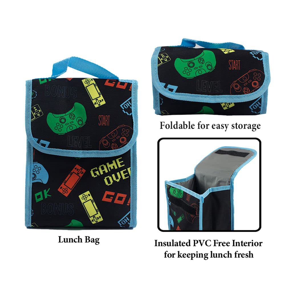 RALME Gaming Backpack Set for Kids, 16 inch, 6 Pieces - Includes Foldable Lunch Bag, Water Bottle, Key Chain, & Pencil Case