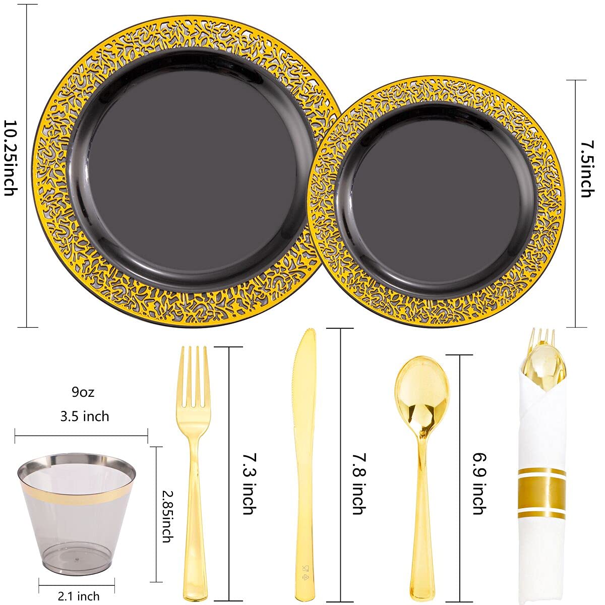 NOCCUR 210pcs Black and Gold Plates - Black Gold Plates and Napkins Party Supplies Include 30 Dinner Plates, 30 Dessert Plates, 30 Prerolled Plastic Cutlery and 30 Cups - Ideal for Party&New Year