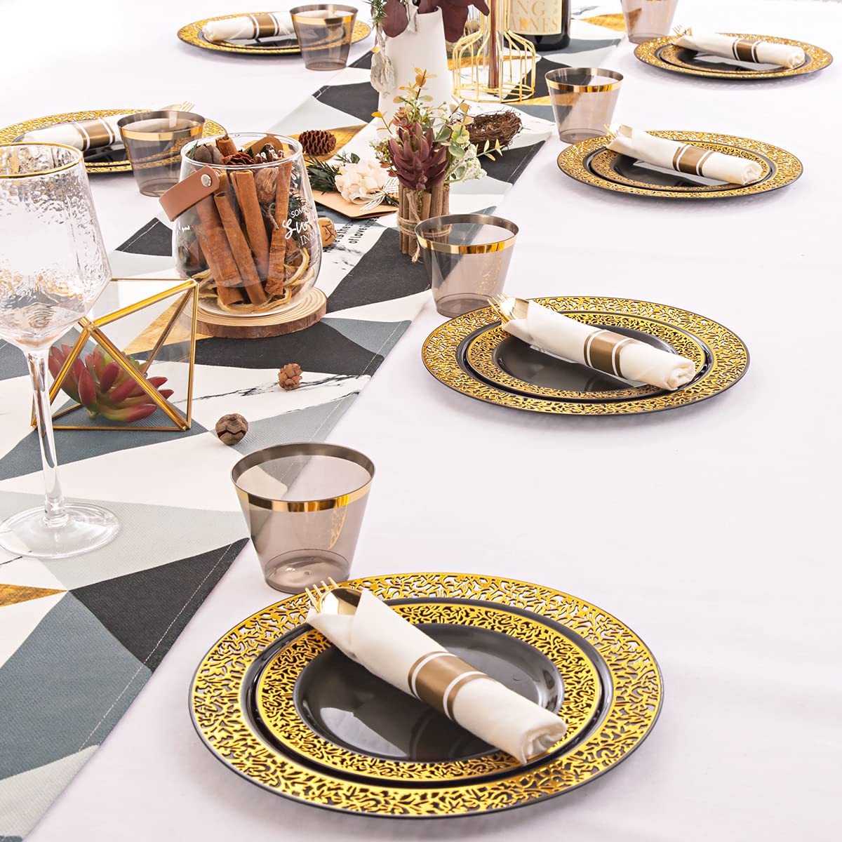 NOCCUR 210pcs Black and Gold Plates - Black Gold Plates and Napkins Party Supplies Include 30 Dinner Plates, 30 Dessert Plates, 30 Prerolled Plastic Cutlery and 30 Cups - Ideal for Party&New Year