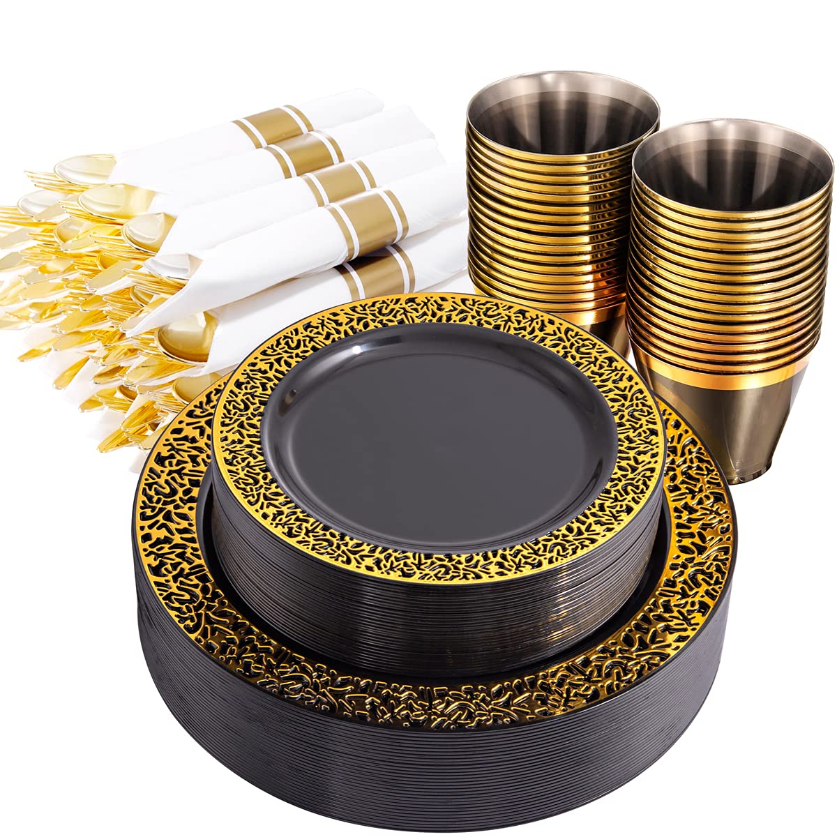 NOCCUR 210pcs Black and Gold Plates - Black Gold Plates and Napkins Party Supplies Include 30 Dinner Plates, 30 Dessert Plates, 30 Prerolled Plastic Cutlery and 30 Cups - Ideal for Party&New Year
