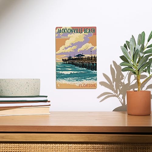 Lantern Press 6x9 Inch Wood Sign, Ready to Hang Wall Decor, Jacksonville Beach, Florida, Pier and Sunset