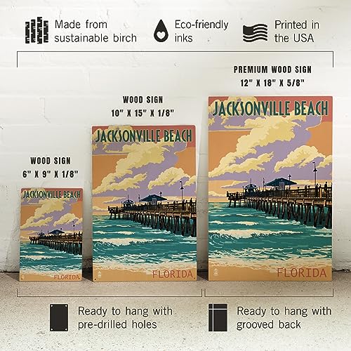 Lantern Press 6x9 Inch Wood Sign, Ready to Hang Wall Decor, Jacksonville Beach, Florida, Pier and Sunset