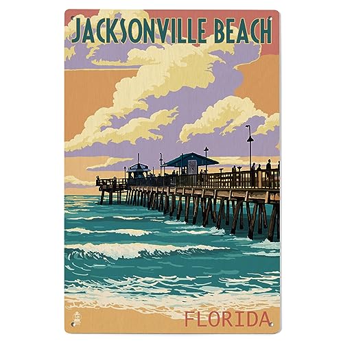 Lantern Press 6x9 Inch Wood Sign, Ready to Hang Wall Decor, Jacksonville Beach, Florida, Pier and Sunset