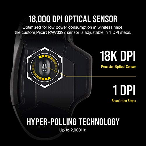 Corsair Dark Core RGB Pro, Wireless FPS/MOBA Gaming Mouse with SLIPSTREAM Technology, Black, Backlit RGB LED, 18000 DPI, Optical,CH-9315411-NA (Renewed)