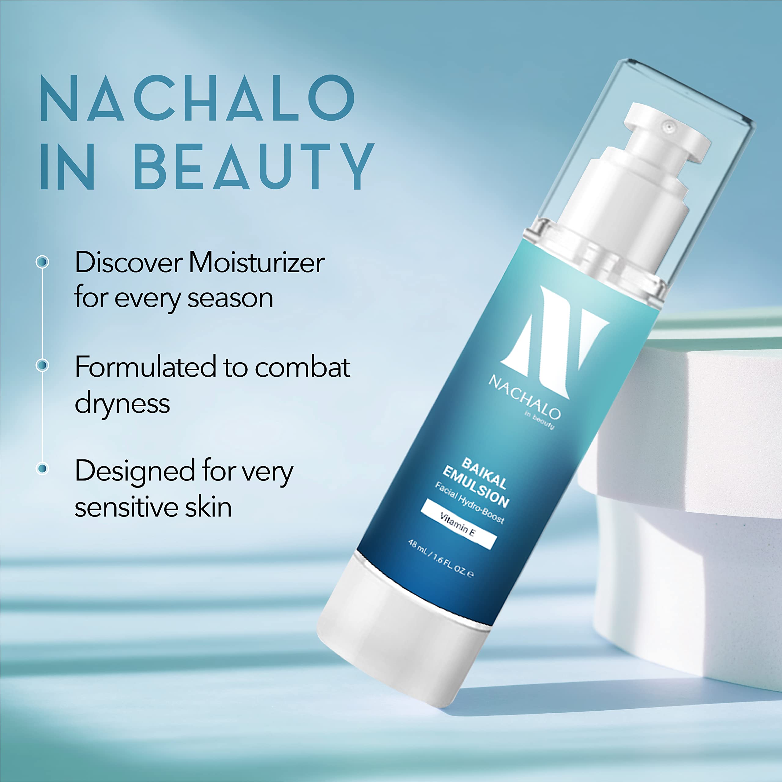 Sensitive Skin Hydrating Face Moisturizer - Baikal Water & Vitamin E Soothing Emulsion, 48mL/1.6oz, Non-Sticky, Anti-Redness, Vegan, for All Skin Types.
