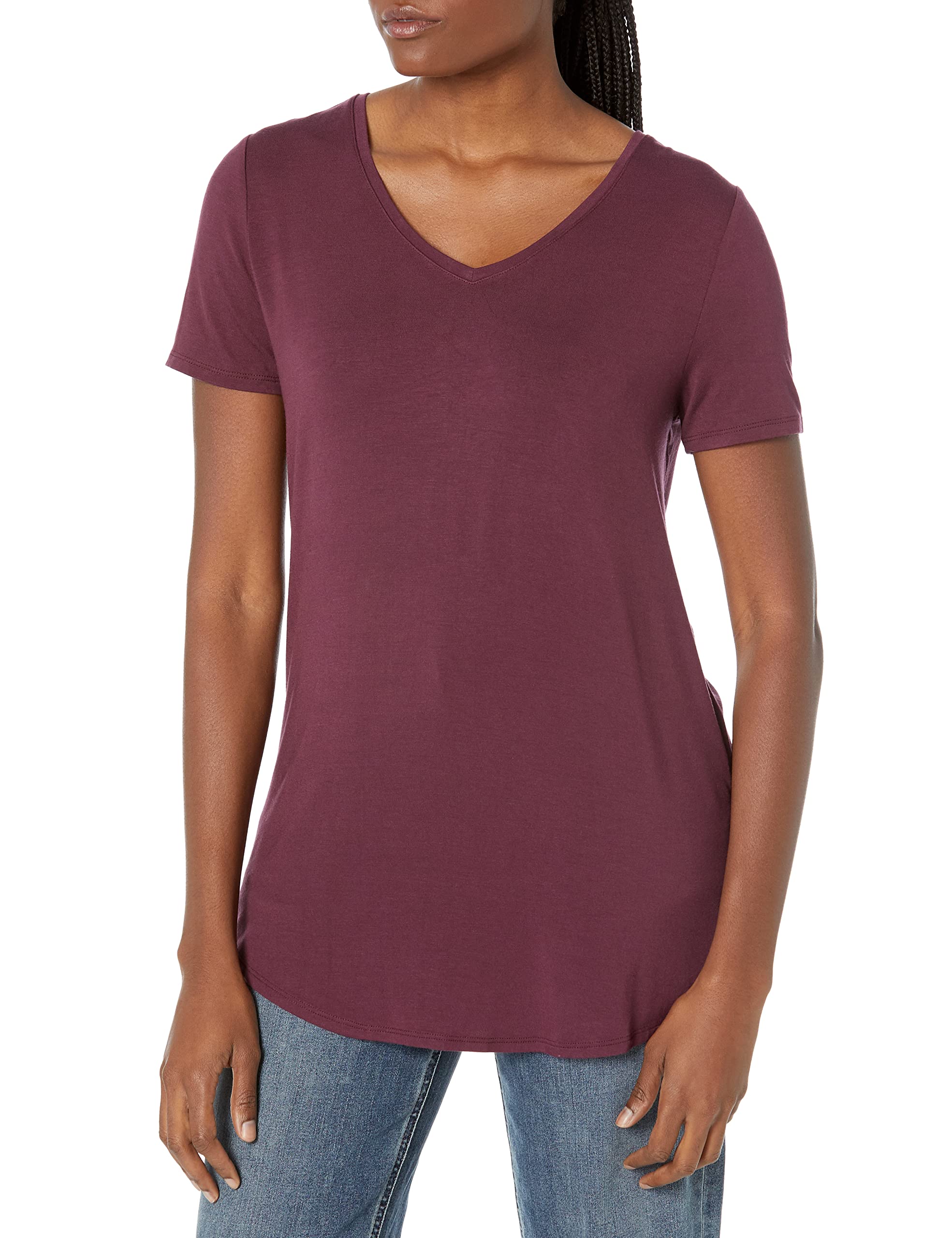 Amazon Essentials Women's Relaxed-Fit Short-Sleeve V-Neck Tunic (Available in Plus Size), Burgundy, Large