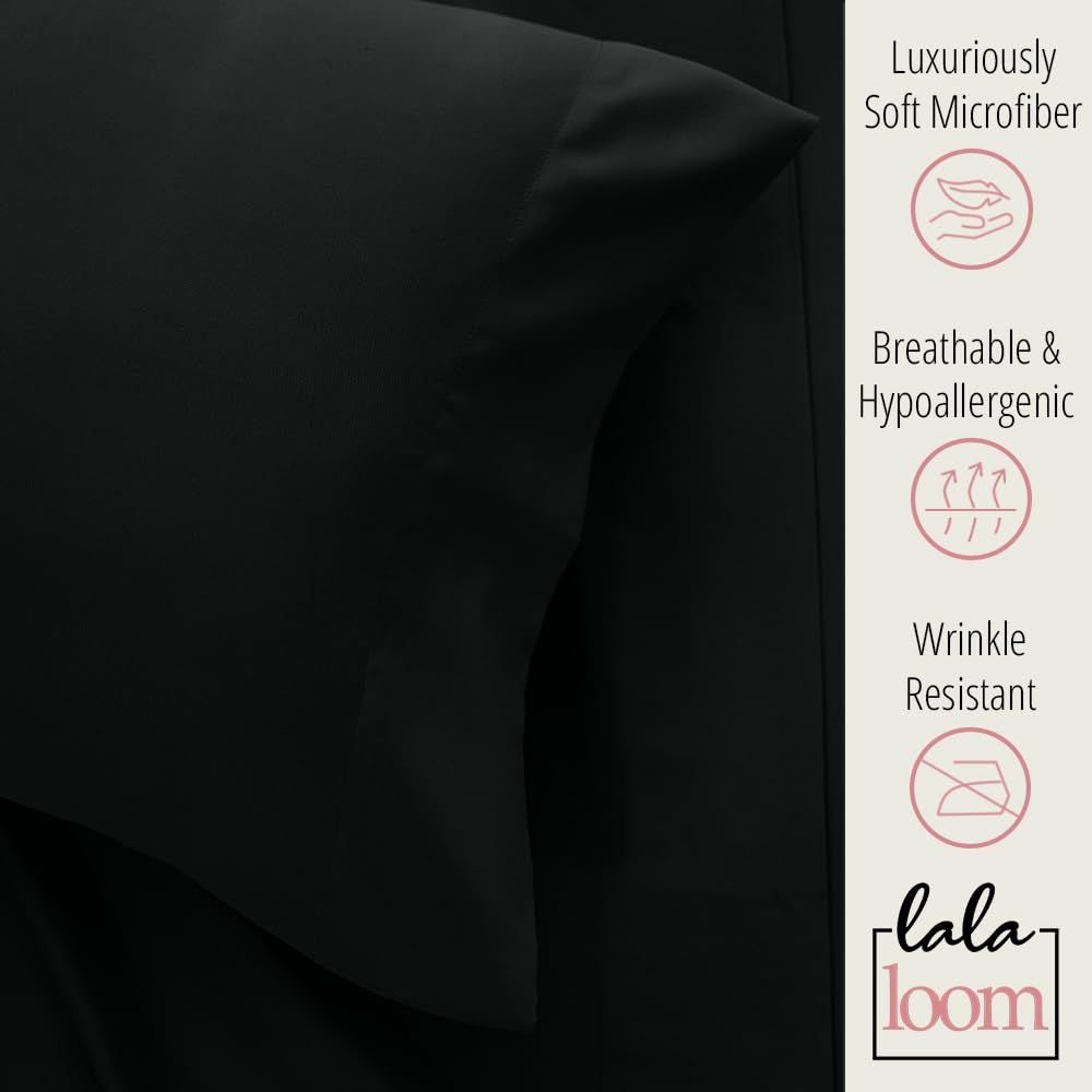 lalaLOOM Full Bed Sheet Set, Soft Microfiber Hotel Luxury Bedding, Extra Deep Pocket, 4 Piece Sheets and Pillowcase Sets, Breathable Wrinkle, Fade Resistant, Easy Care Machine Washable Linen, Black