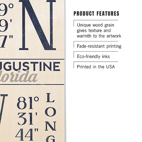 Lantern Press 6x9 Inch Wood Sign, Ready to Hang Wall Decor, St. Augustine, Florida, Latitude and Longitude (Blue)