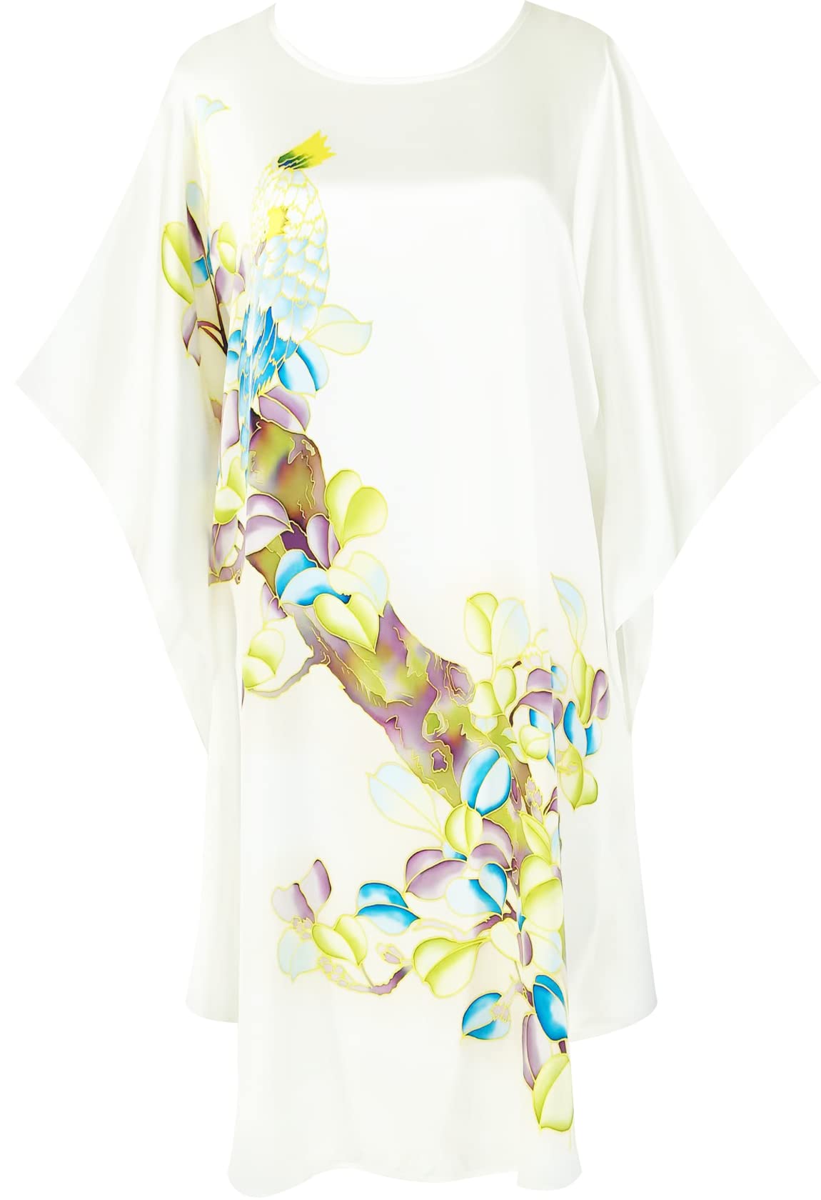 Kwedhonjh lady 100% silk pajamas, bat sleeve bathrobe - floral pattern (Peacock icon tooth white -a)