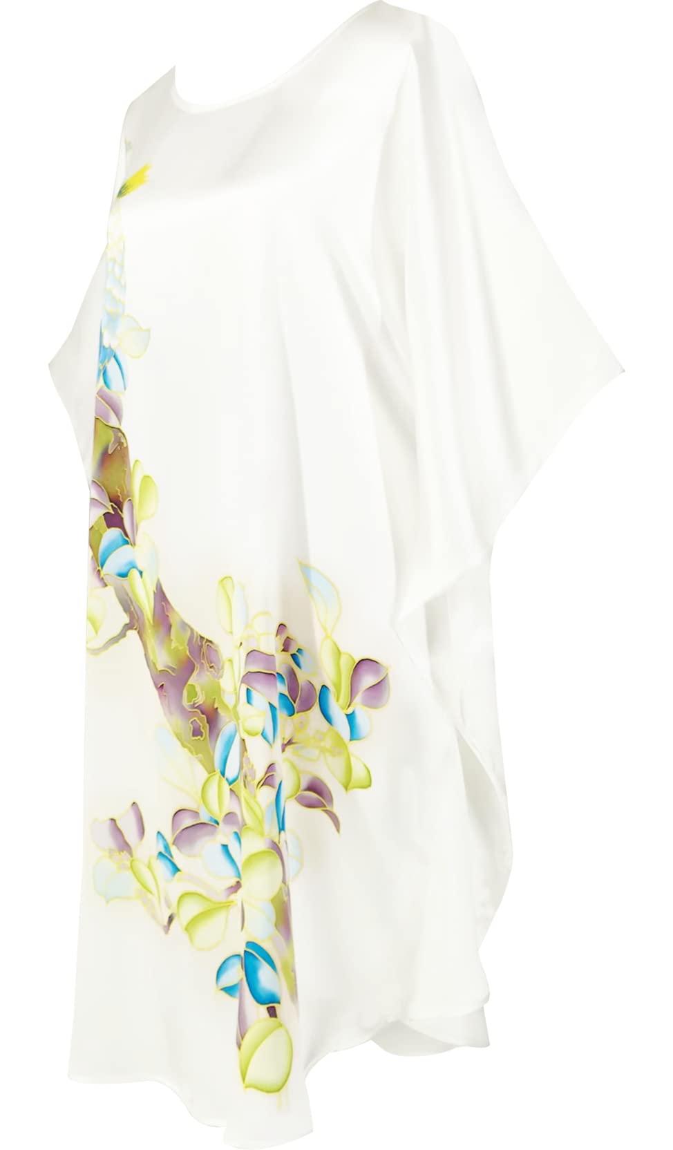 Kwedhonjh lady 100% silk pajamas, bat sleeve bathrobe - floral pattern (Peacock icon tooth white -a)