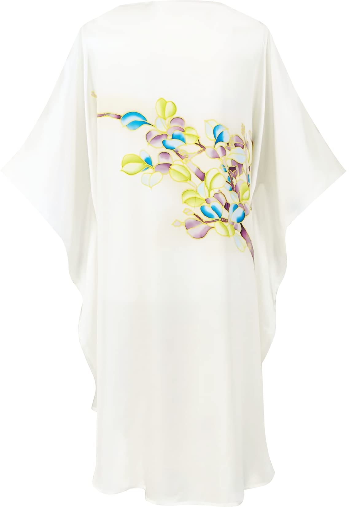Kwedhonjh lady 100% silk pajamas, bat sleeve bathrobe - floral pattern (Peacock icon tooth white -a)