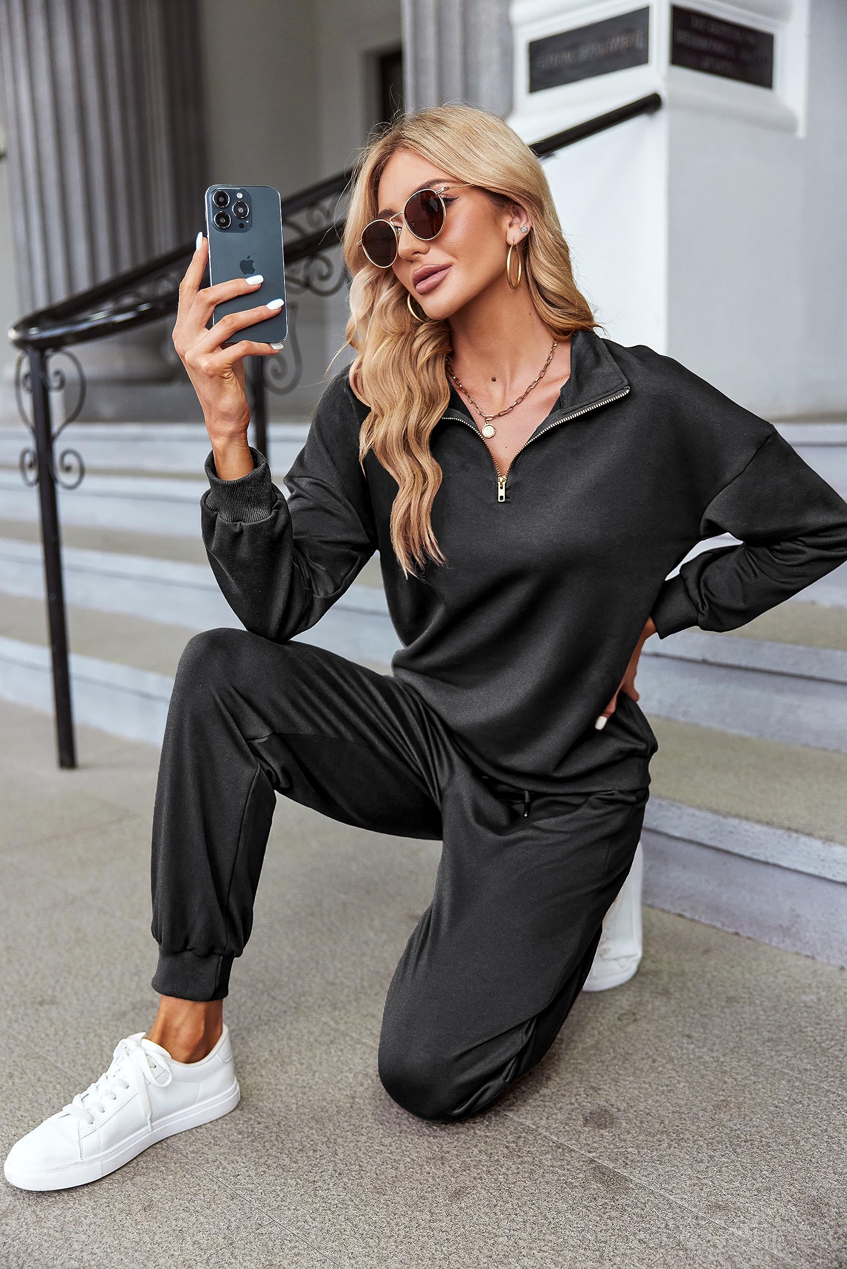 ELESOL 2023 Fall Sweatsuits for Women Set Outfits for Women 2 Piece Sets 1/4 Zip Jogger Sets with Pockets Black S