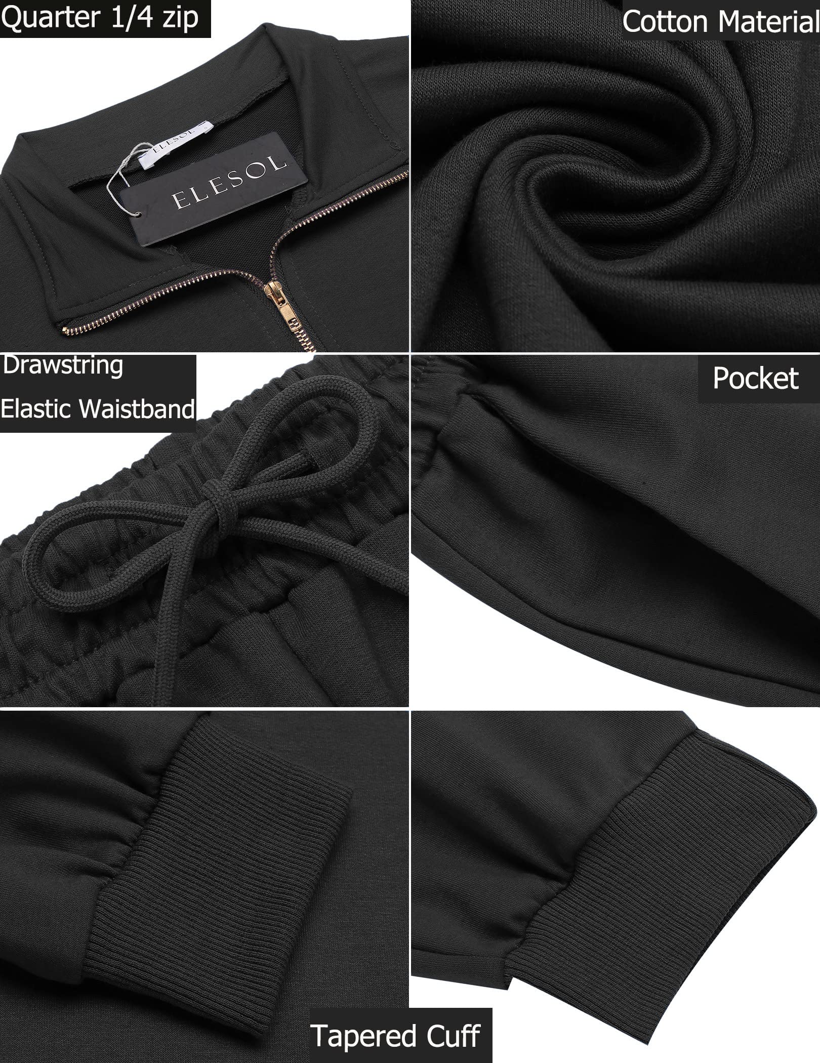 ELESOL 2023 Fall Sweatsuits for Women Set Outfits for Women 2 Piece Sets 1/4 Zip Jogger Sets with Pockets Black S
