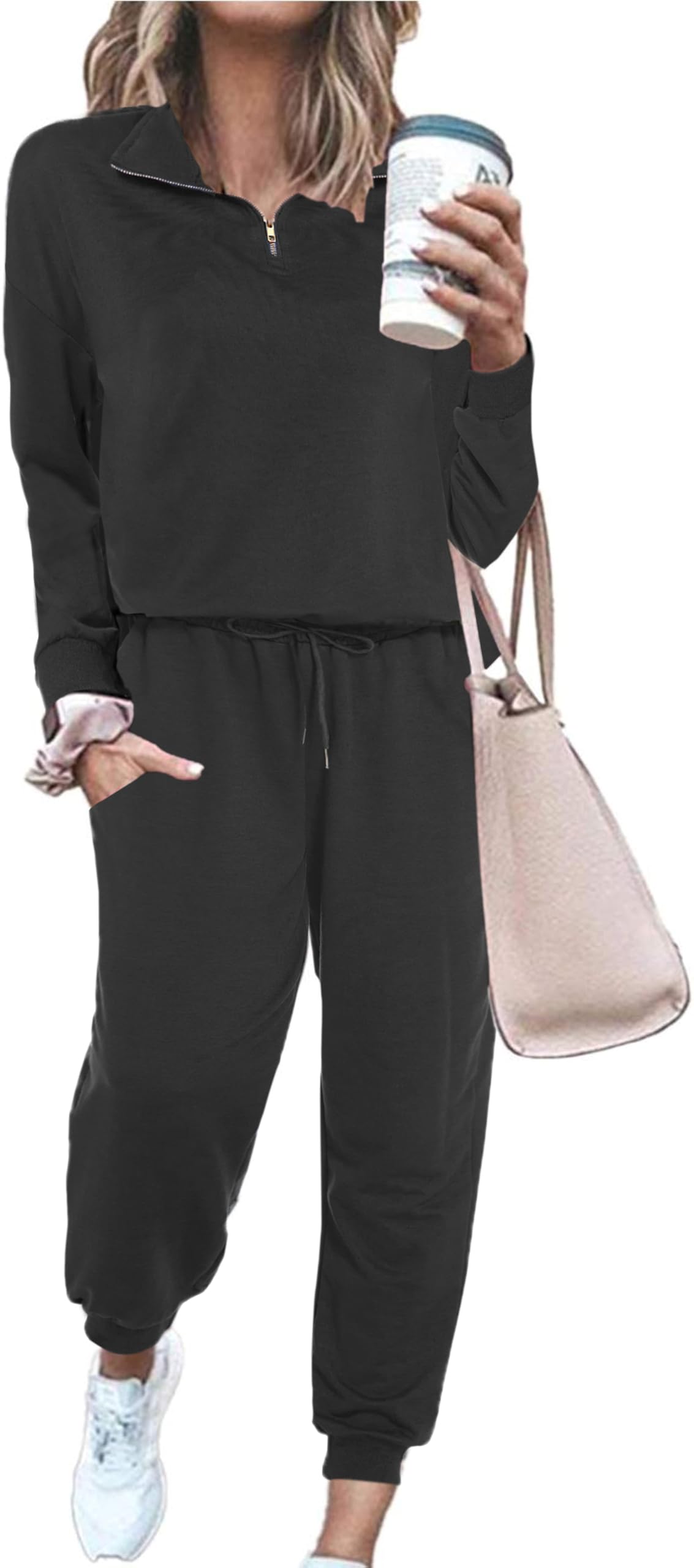 ELESOL 2023 Fall Sweatsuits for Women Set Outfits for Women 2 Piece Sets 1/4 Zip Jogger Sets with Pockets Black S