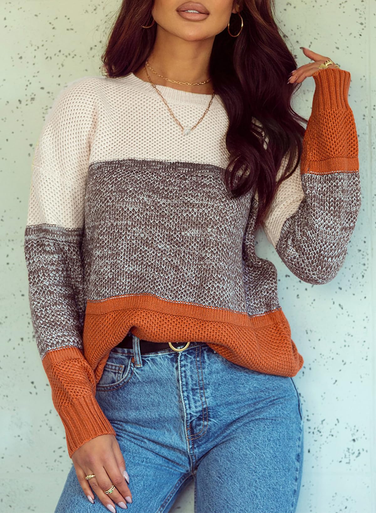 Dokotoo Women's Color Block Sweaters Winter Crewneck Long Sleeve Striped Fall Comfy Loose Knit Jumpers Pullovers Tops Yellow Small