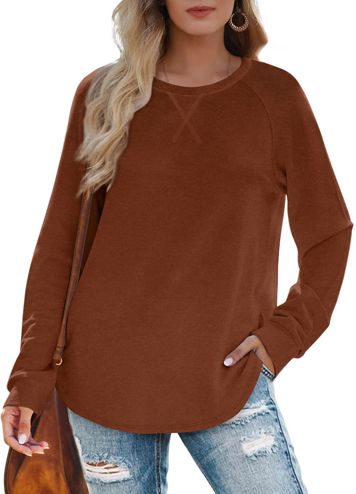 Womens Fall Sweatshirt Crewneck Clothes For Women 2021 Women's Shirts Casual Brown L