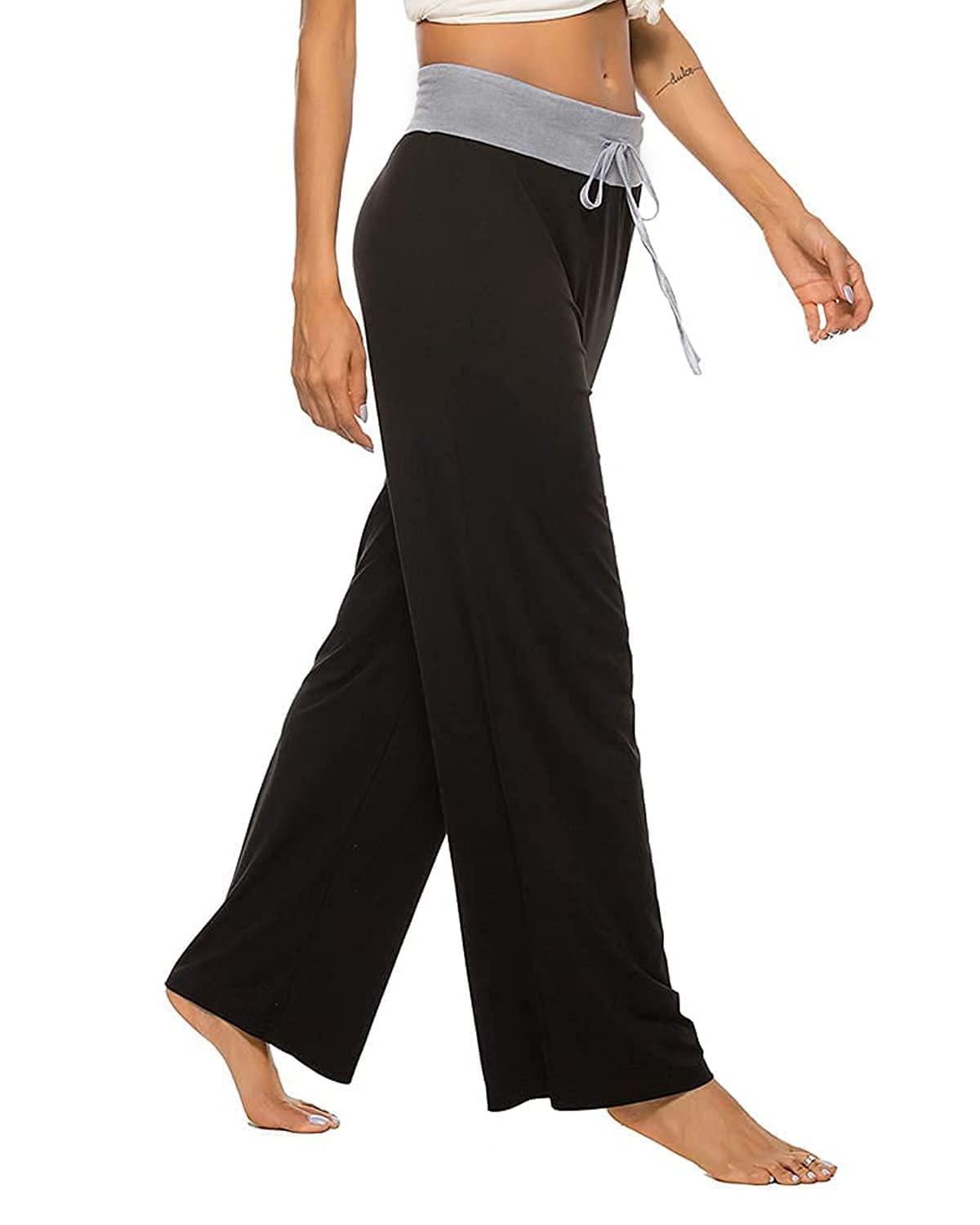 NEWCOSPLAY Women's Comfy Pajama Pants Casual Drawstring Palazzo Lounge Wide Leg Pants (Pure-Black, Large)