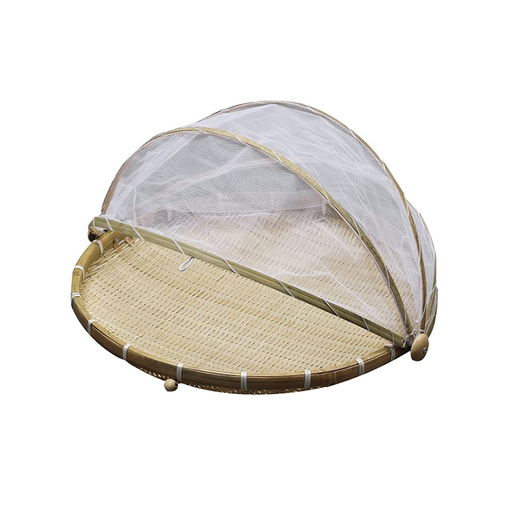 Food Serving Tent Basket Hand-Woven Dustproof Round Picnic Basket Covered Bamboo Food Tent Vegetable Fruits Meals Storage Container with Gauze Cover