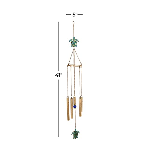 Deco 79 Metal Turtle Indoor Outdoor Embellished Windchime with Glass Beads and Pipe Bells, 5" x 5" x 41", Gold