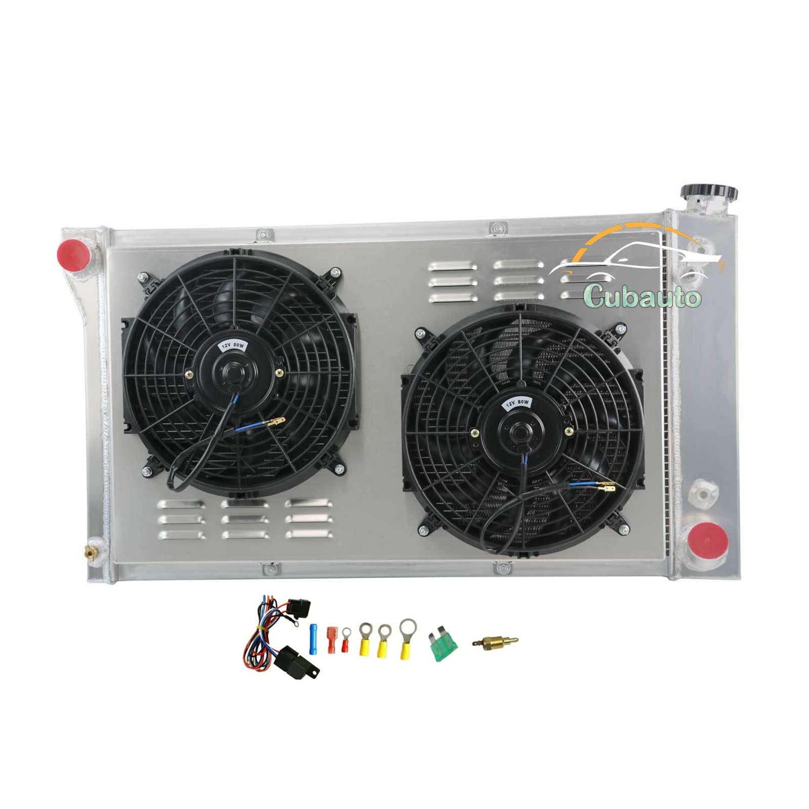 Cubauto All Aluminum Radiator Fan for 1967-1972 70 Chevy Gmc Blazer C/K Series C10 C20 C30 K10 K20 K25 Pickup Trucks Suburban Van 3 Row Core Radiator with Shroud Fan Relay