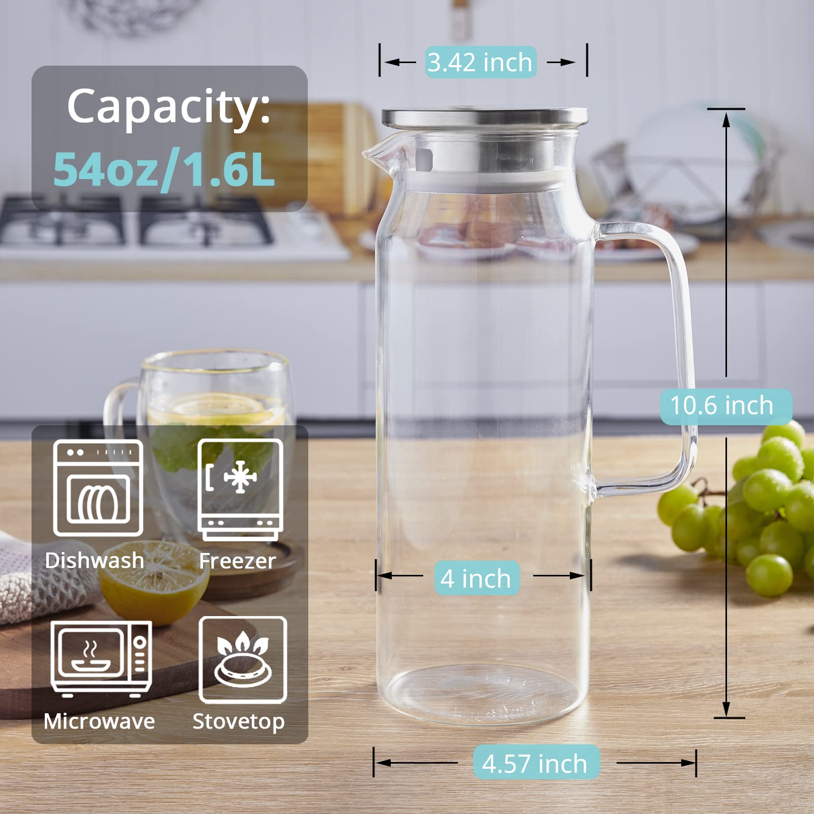 1.6 Liter 54 oz Glass Pitcher with Lid and Spout, Bivvclaz Glass Carafe Water Pitcher for Hot/Cold Water, Iced Tea, Drinks, Coffee, Juice and Homemade Beverage