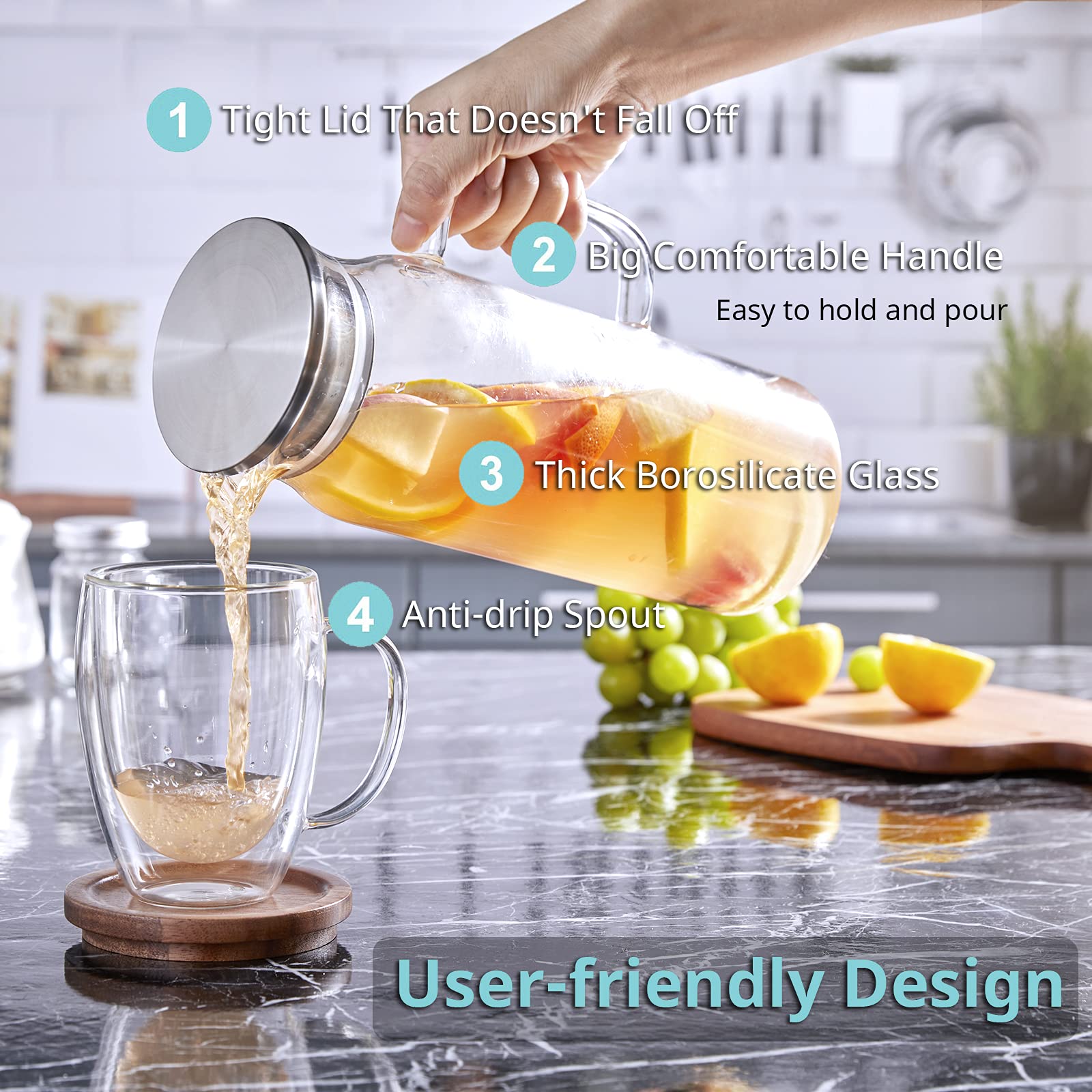 1.6 Liter 54 oz Glass Pitcher with Lid and Spout, Bivvclaz Glass Carafe Water Pitcher for Hot/Cold Water, Iced Tea, Drinks, Coffee, Juice and Homemade Beverage