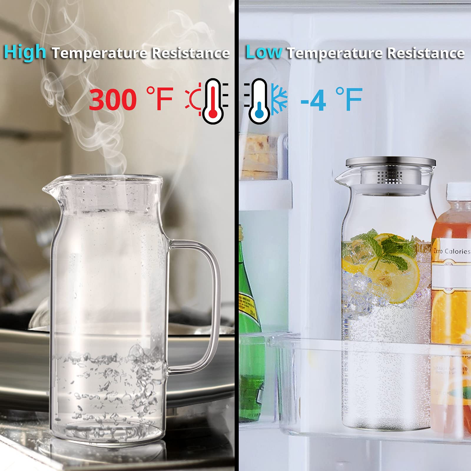 1.6 Liter 54 oz Glass Pitcher with Lid and Spout, Bivvclaz Glass Carafe Water Pitcher for Hot/Cold Water, Iced Tea, Drinks, Coffee, Juice and Homemade Beverage