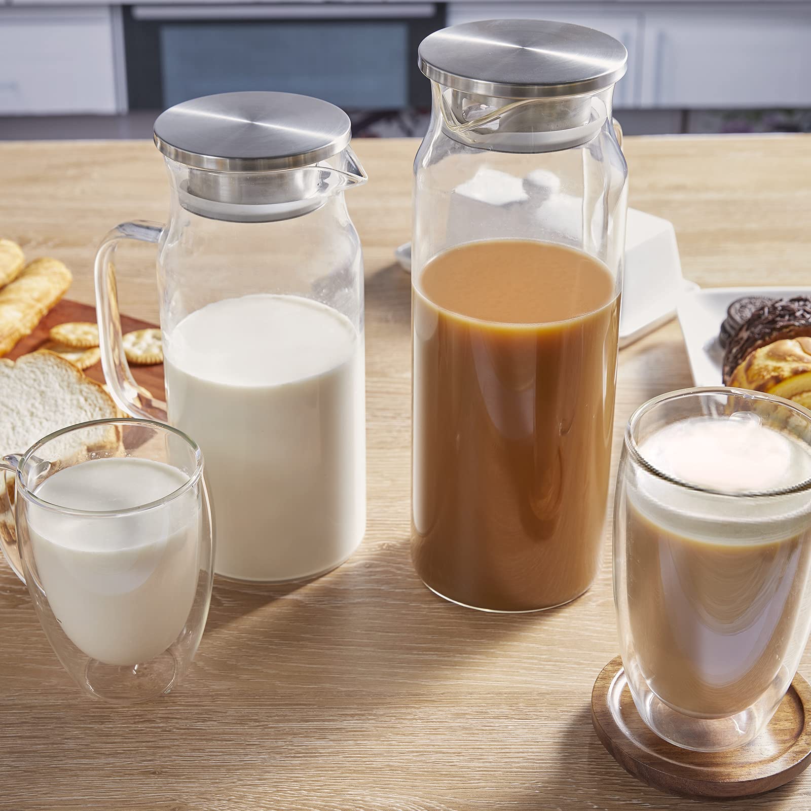 1.6 Liter 54 oz Glass Pitcher with Lid and Spout, Bivvclaz Glass Carafe Water Pitcher for Hot/Cold Water, Iced Tea, Drinks, Coffee, Juice and Homemade Beverage