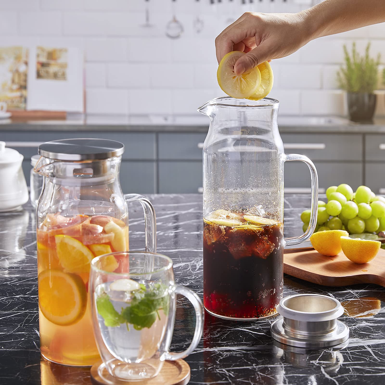 1.6 Liter 54 oz Glass Pitcher with Lid and Spout, Bivvclaz Glass Carafe Water Pitcher for Hot/Cold Water, Iced Tea, Drinks, Coffee, Juice and Homemade Beverage