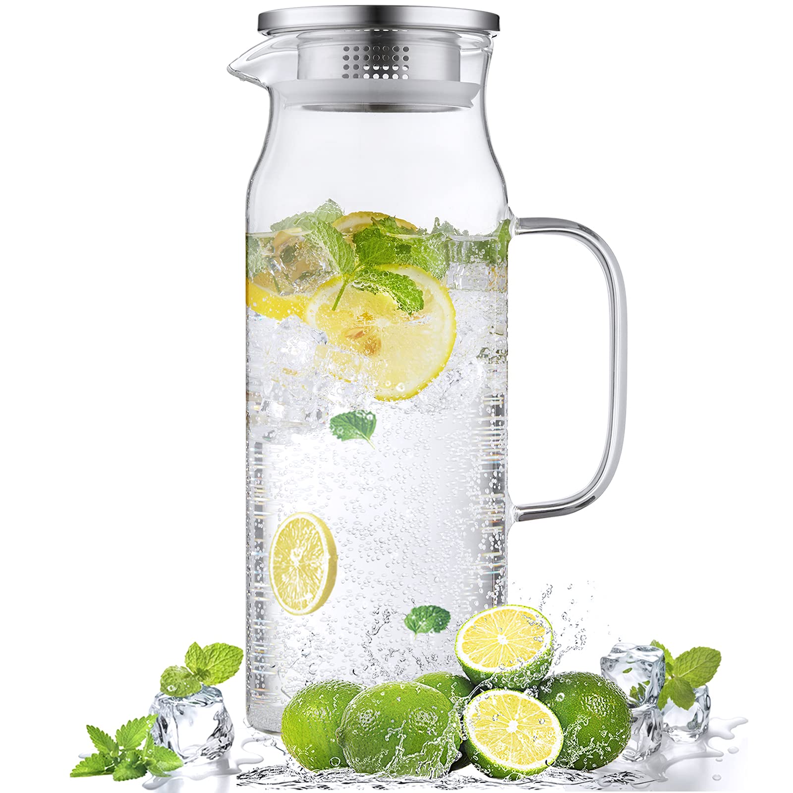 1.6 Liter 54 oz Glass Pitcher with Lid and Spout, Bivvclaz Glass Carafe Water Pitcher for Hot/Cold Water, Iced Tea, Drinks, Coffee, Juice and Homemade Beverage