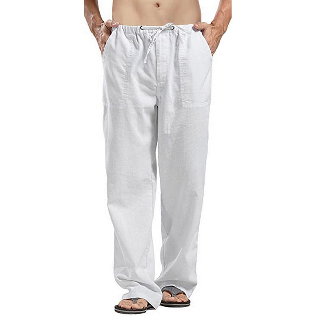 Men's Casual Loose Linen Pants Lightweight Drawstring Elastic Waistband Trousers