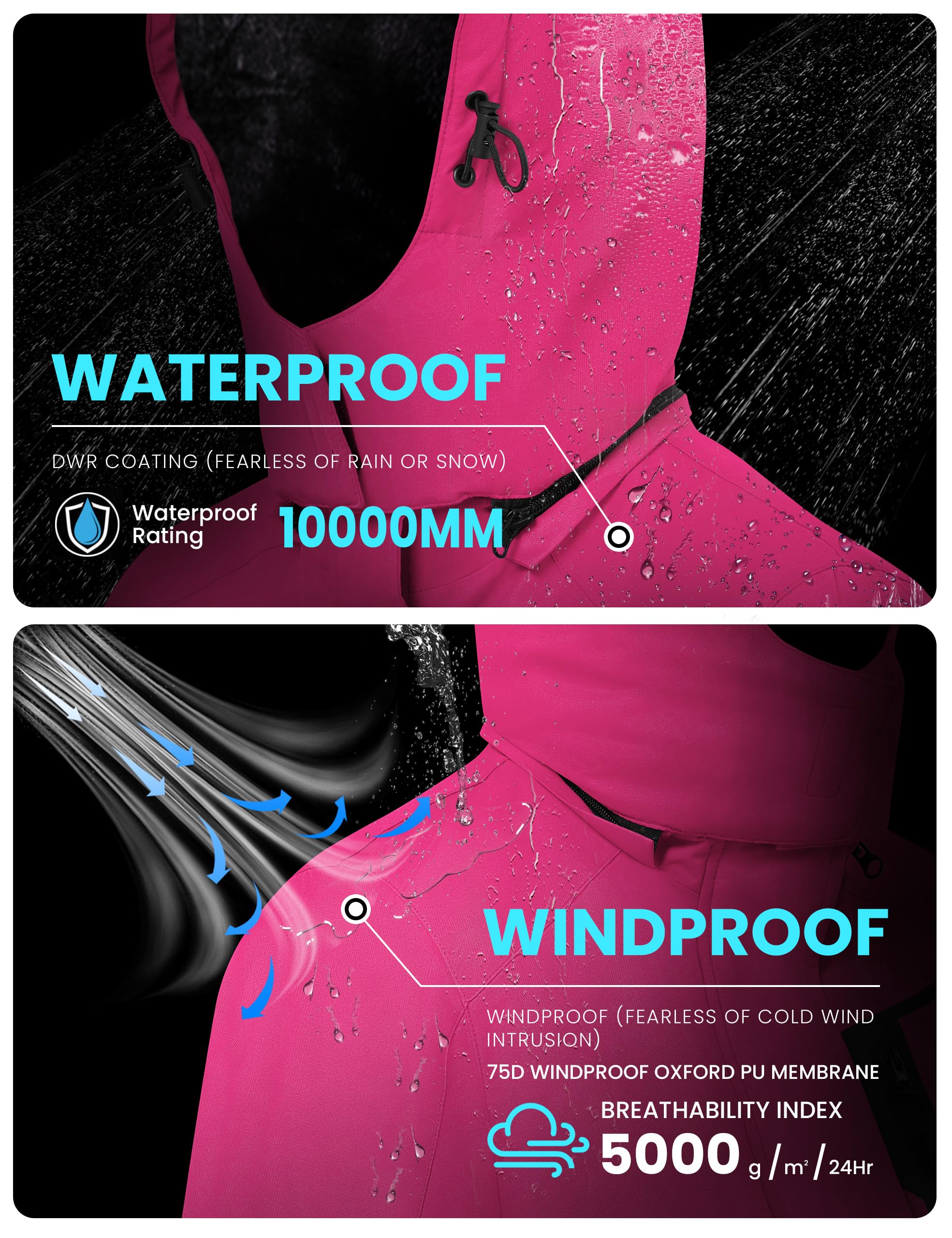 WULFUL Women’s Waterproof Snow Ski Jacket Mountain Windproof Winter Coat with Detachable Hood