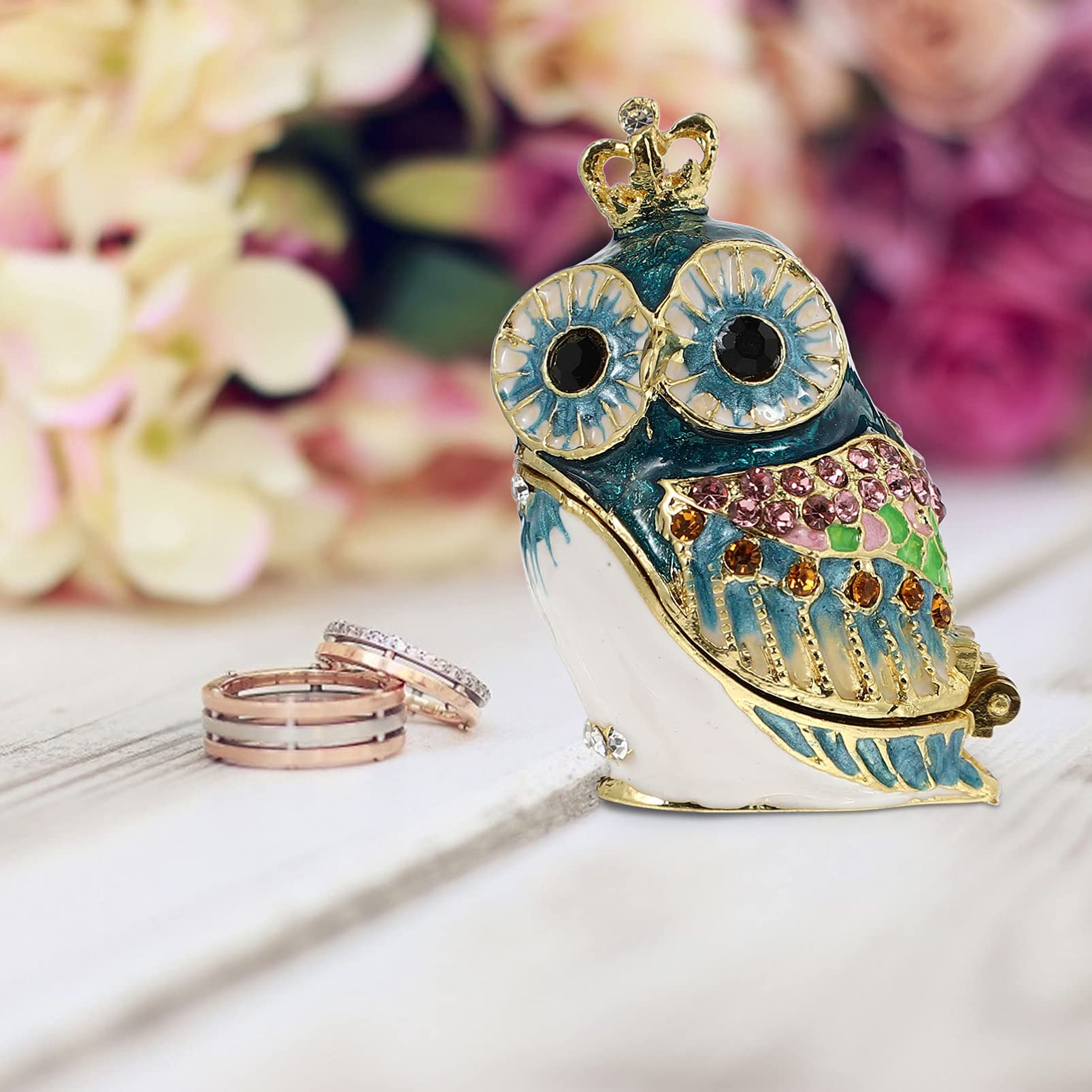 VOSAREA Owl Trinket Box Hand Painted Metal Hinged Jewelry Box Enameled Crystals Rings Earrings Necklace Storage Container Animal Figurine Collectible for Home Decor Blue
