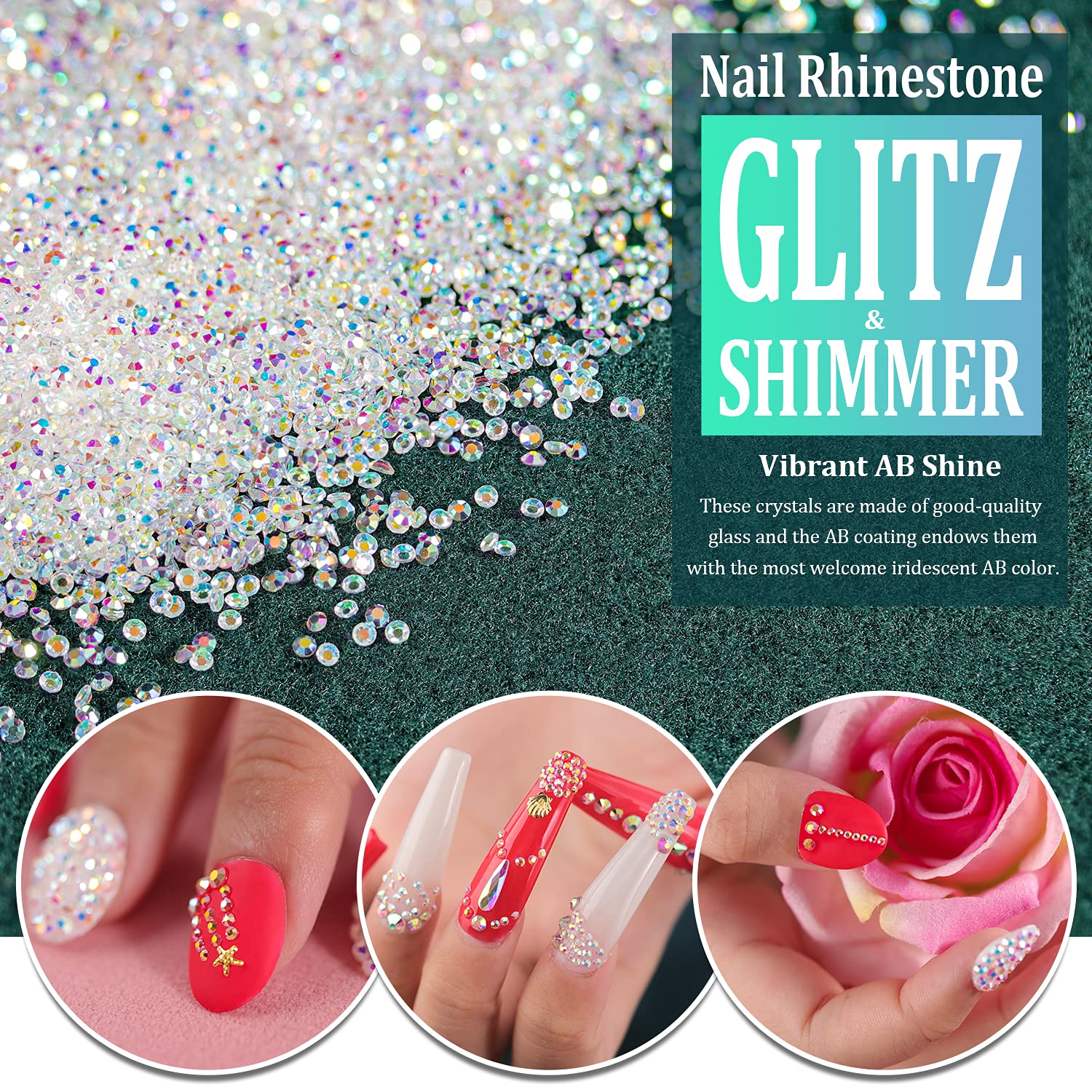 Tiny Nail Rhinestones 15000PCs 1.2mm Ultra Mini Pixie AB Glass Crystals for Nail Art Manicure Iridescent Long Lasting Shine Small Rhinestone Micro Dust Glitter Caviar Bead Sugar Gem