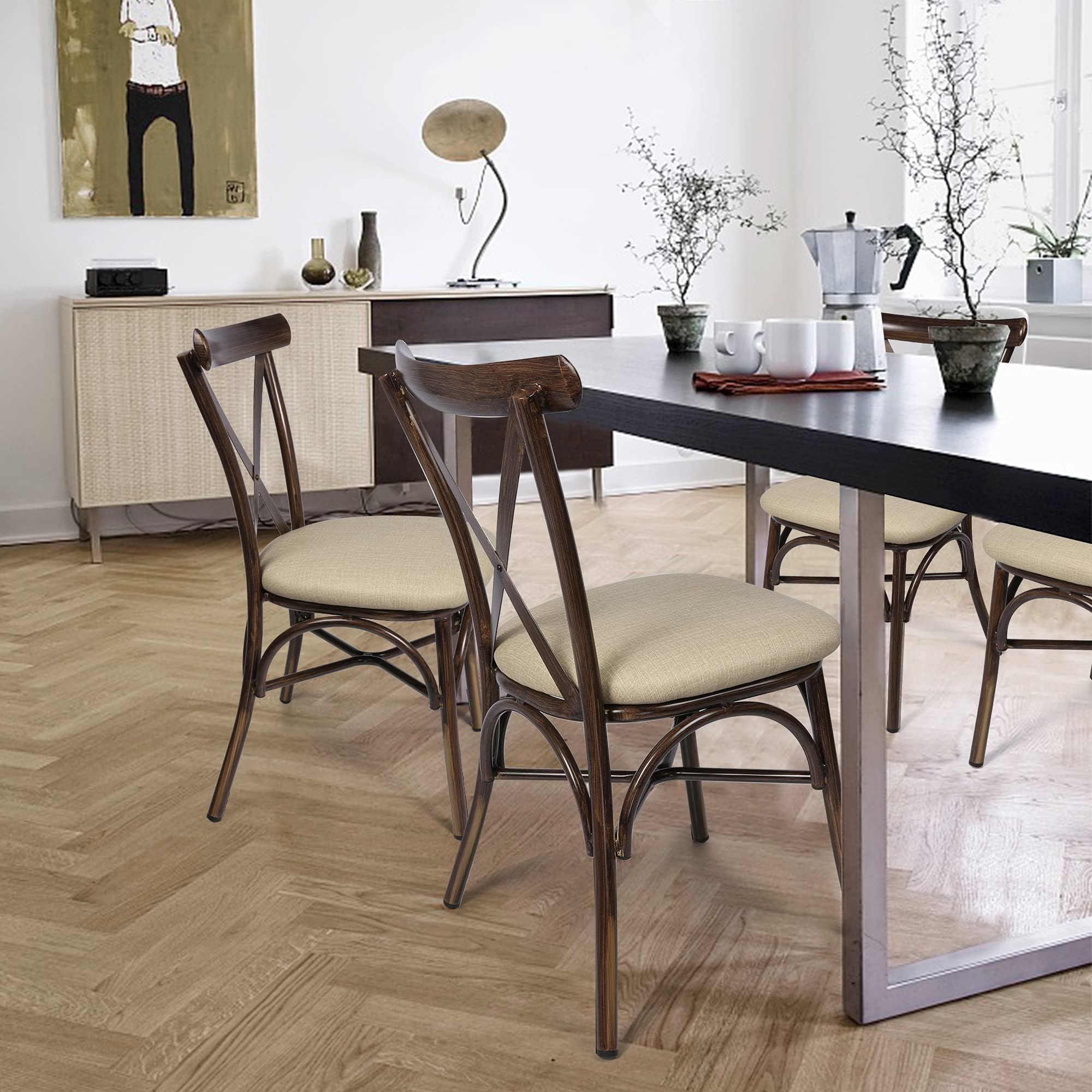 LUCKYERMORE Heavy Duty Aluminum Dining Chair Set of 2, Commercial Stackable Chairs with Sand Beige Soft Cushion, 400 LBS Capacity, for Kitchen, Restaurant, Dining Room, X Back