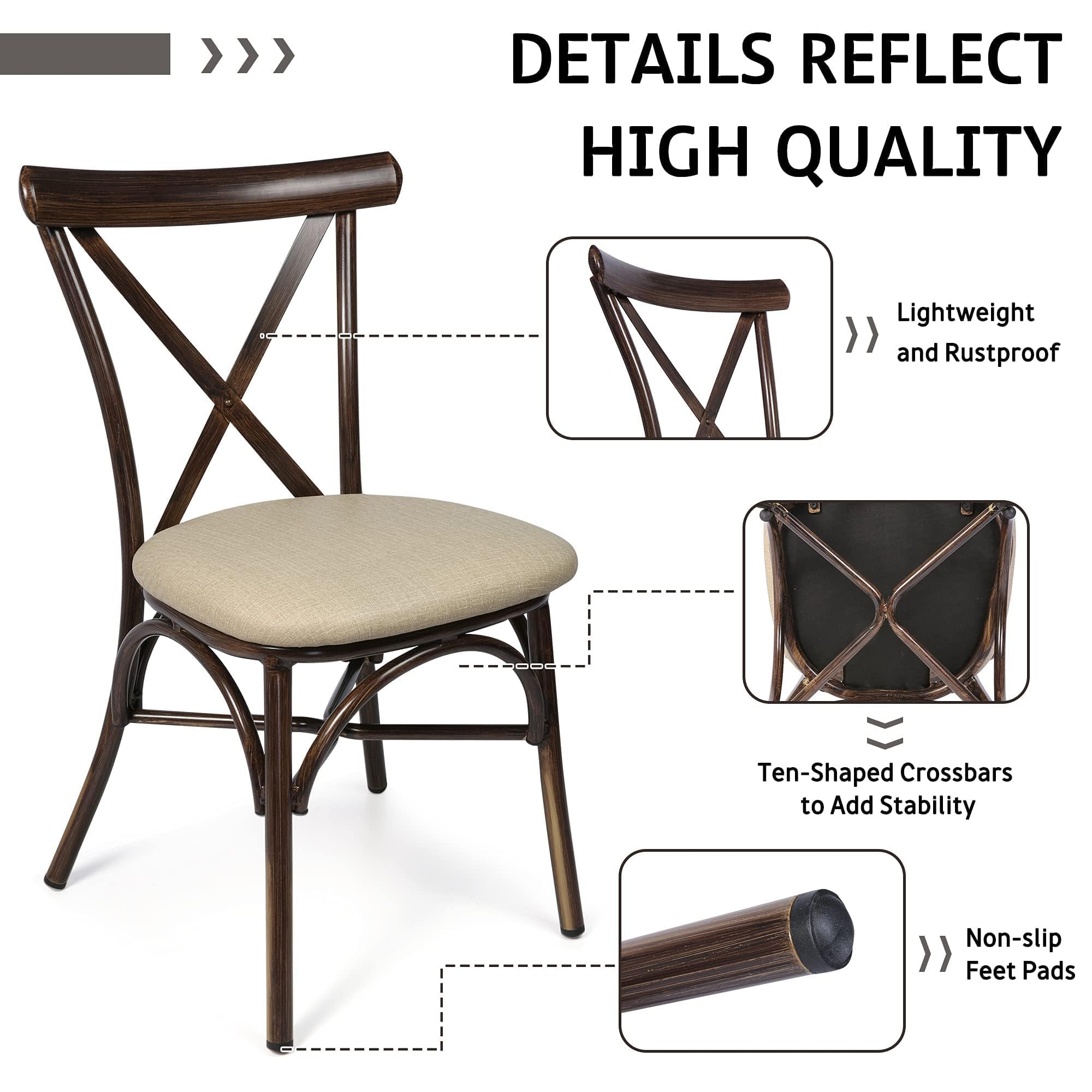 LUCKYERMORE Heavy Duty Aluminum Dining Chair Set of 2, Commercial Stackable Chairs with Sand Beige Soft Cushion, 400 LBS Capacity, for Kitchen, Restaurant, Dining Room, X Back