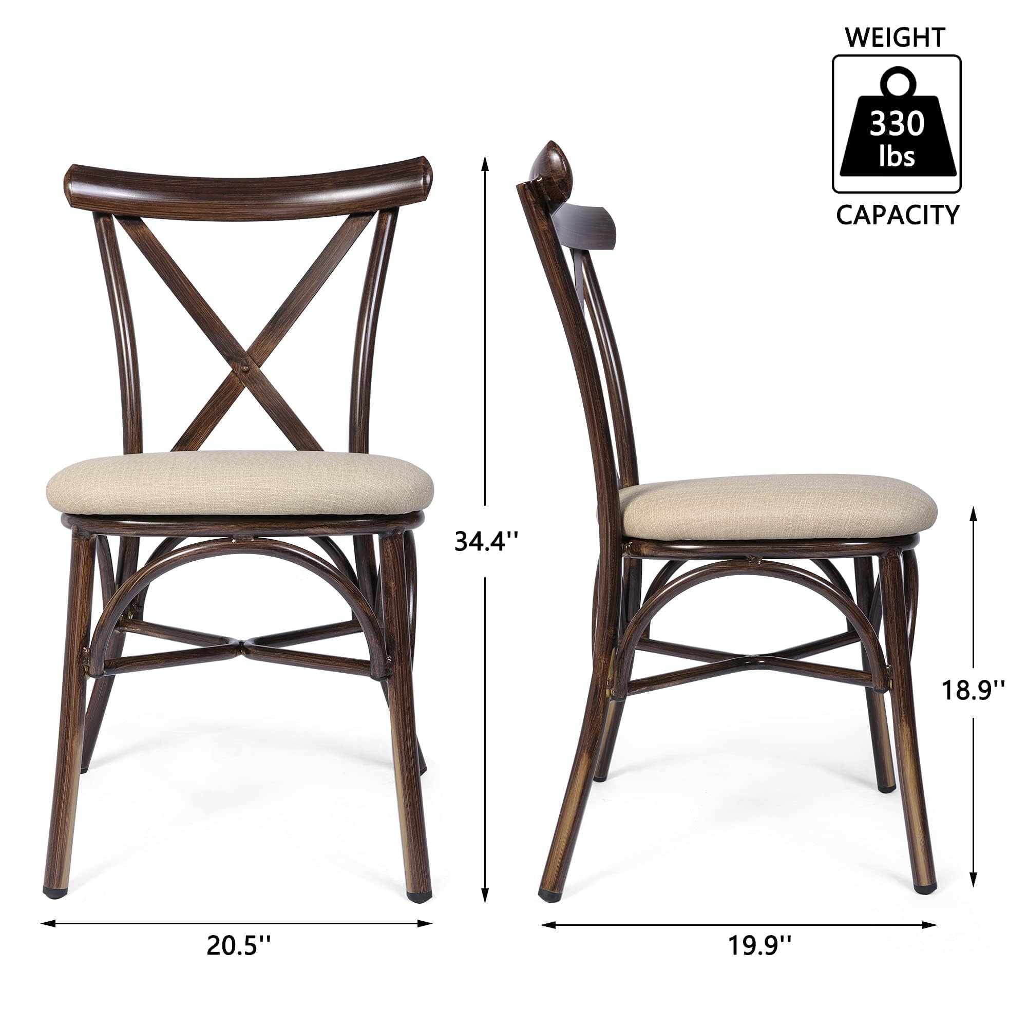 LUCKYERMORE Heavy Duty Aluminum Dining Chair Set of 2, Commercial Stackable Chairs with Sand Beige Soft Cushion, 400 LBS Capacity, for Kitchen, Restaurant, Dining Room, X Back