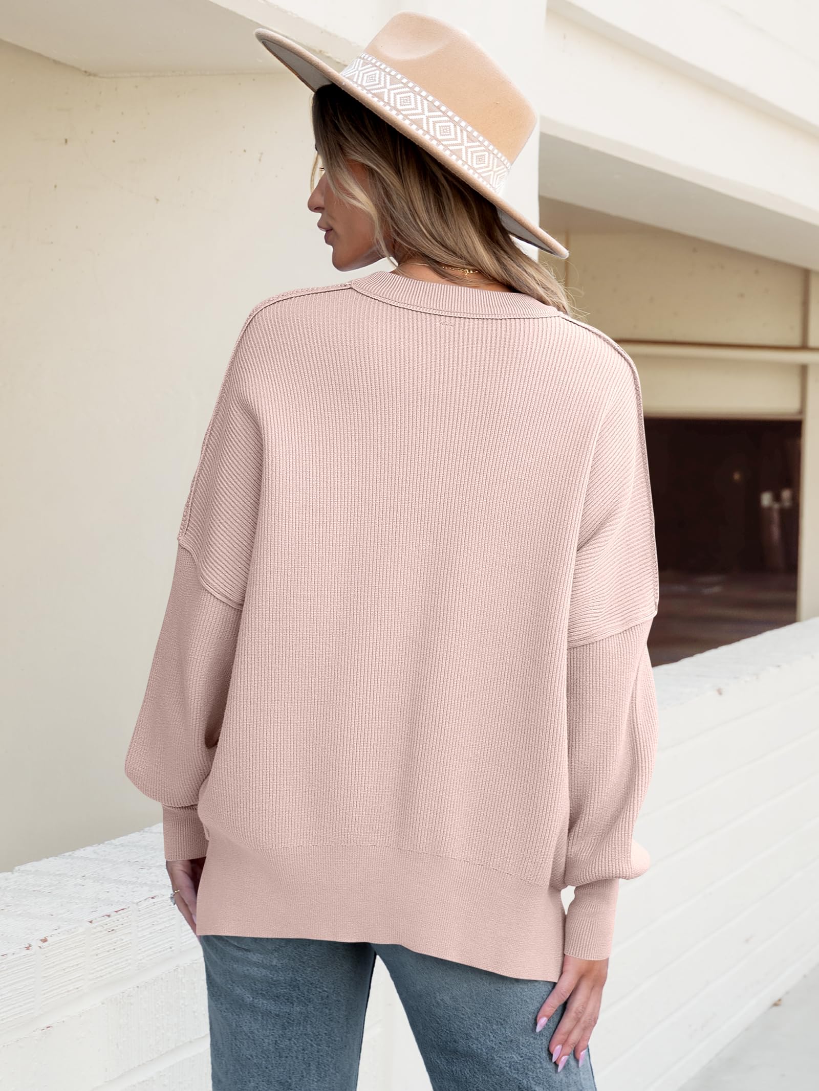 ANRABESS Women Crewneck Batwing Long Sleeve 2024 Fall Oversized Side Slit Ribbed Knit Pullover Sweaters Top Cozy Outfits Pink Small