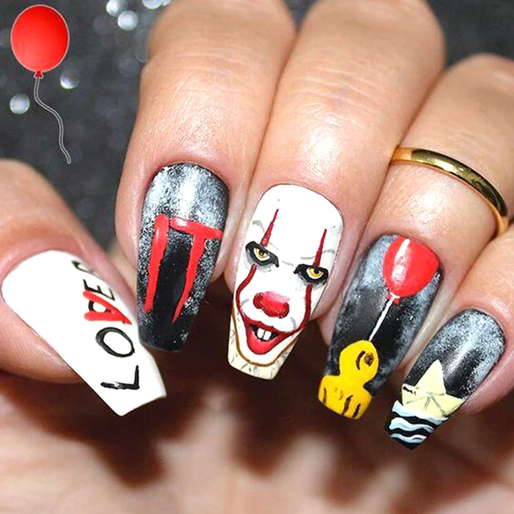 UARUOGP 25 Sheets Halloween Water Transfer Nail Stickers Nail Art Decals,10 Sheets Punk Skull Nails Foil Transfer Stickers,Grimace Skull Eye Spider DIY Decals for Halloween Party(35 Pcs)