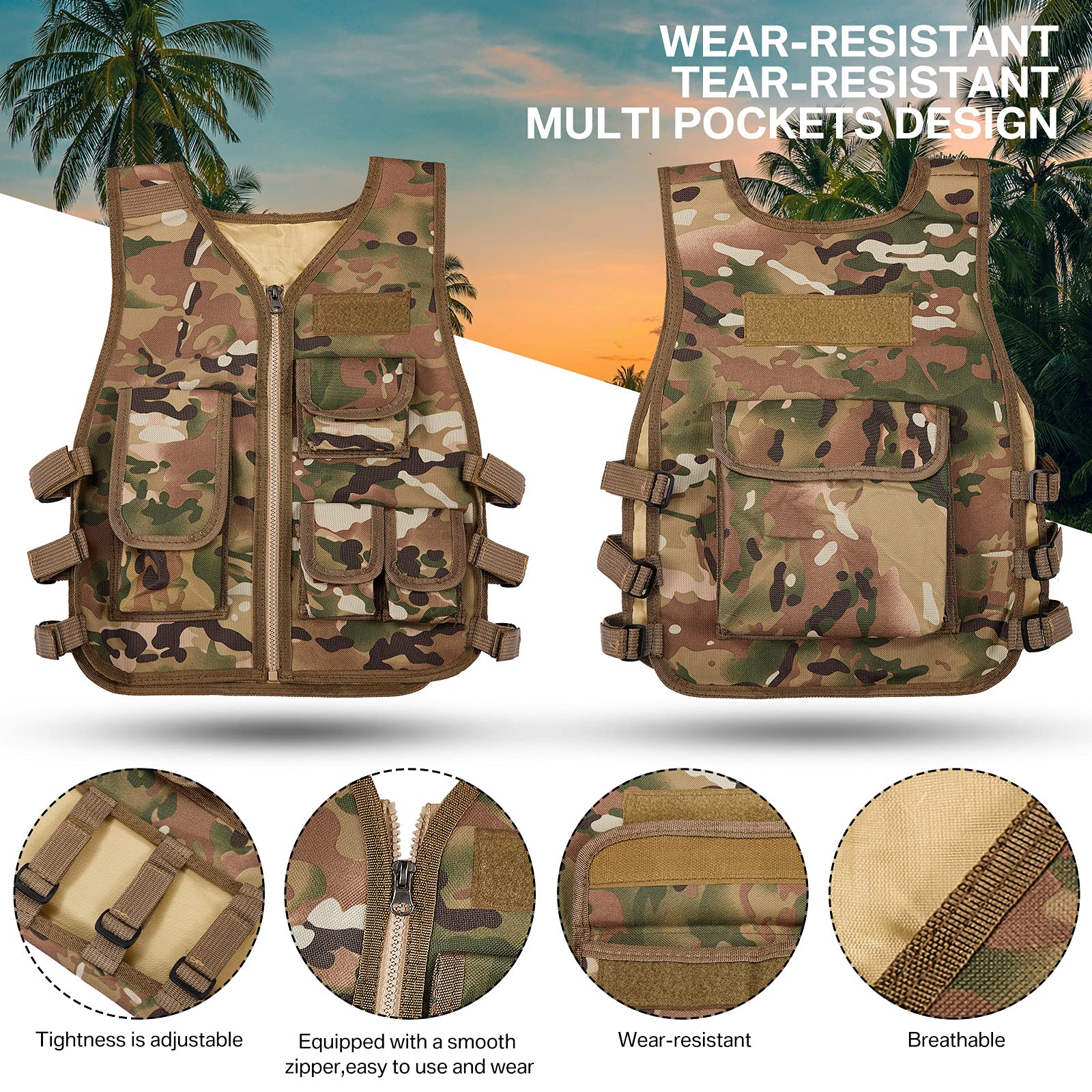 SATINIOR Kids Tactical Vest Army Combat Vest Outdoor with Half Finger Fingerless Short Gloves Breathable (Camouflage Style)