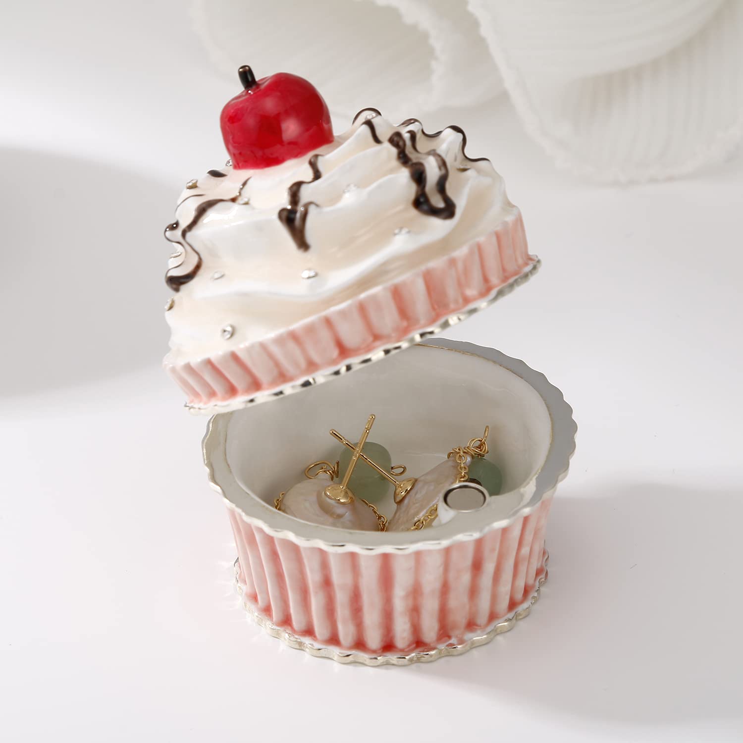 Hand Painted Enamel Trinket Box, Hinged Jewelry Organizer Mini Ring Earrings Storage, Unique Home Decor Figurine Keepsake Collectible, Personalized Elegant Handmade Ornament (Cupcake)