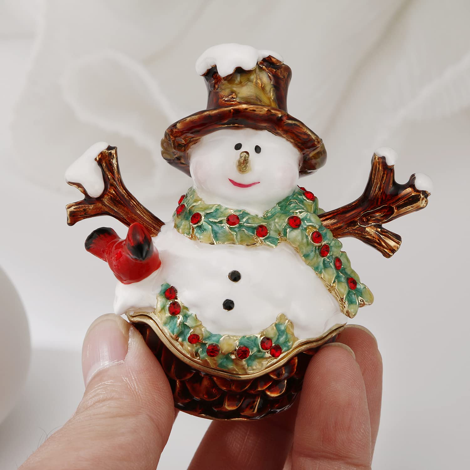 Hand Painted Enamel Trinket Box, Hinged Jewelry Organizer Mini Ring Earrings Storage, Unique Home Decor Figurine Keepsake Collectible, Personalized Elegant Handmade Ornament (White Snowman)